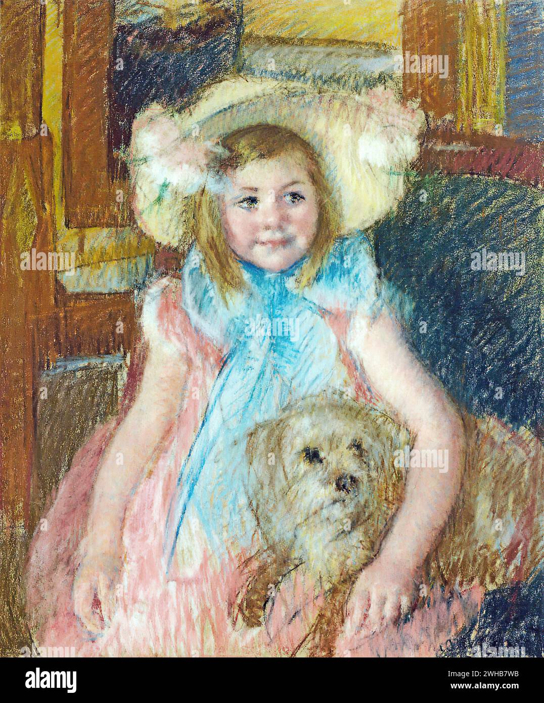 Mary Cassatt - Sarah avec un grand chapeau fleuri et son chien Stock ...