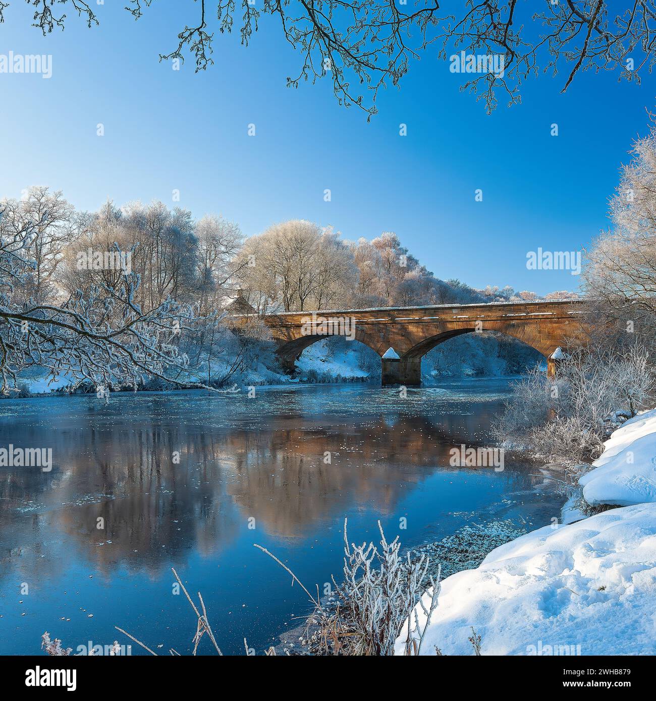 A view in Winter of the River North Tyne in Northumberland looking ...