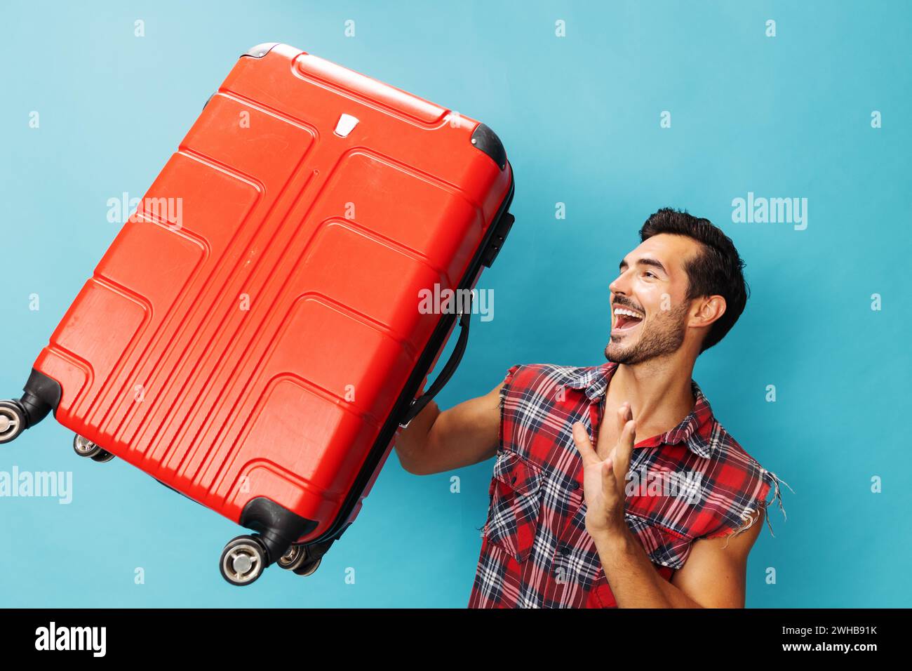 Trip man flight travel journey suitcase traveler weekend happy ...