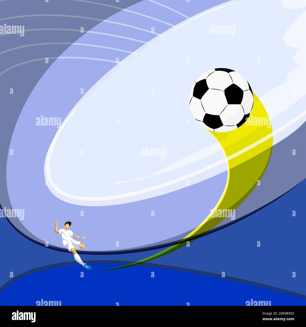 Abstract soccer scene with player kicking ball, creating dynamic curve ...