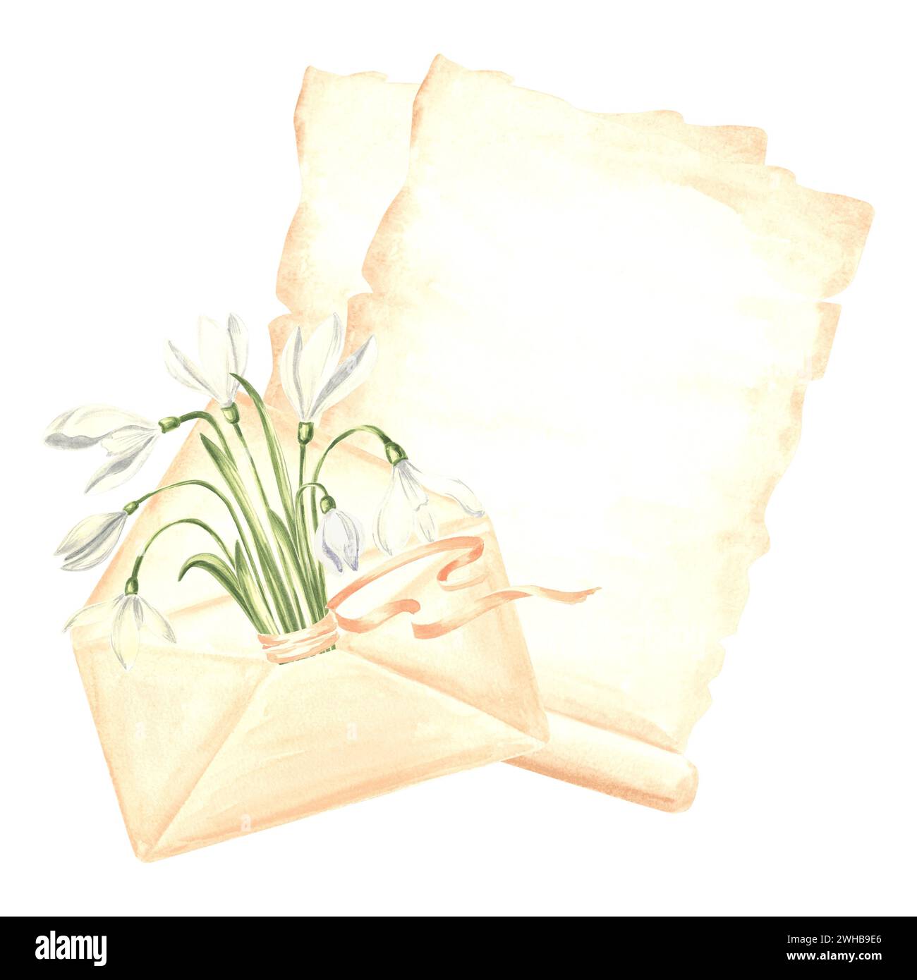 Sheets of parchment paper and envelope with bouquet of white snowdrops ...