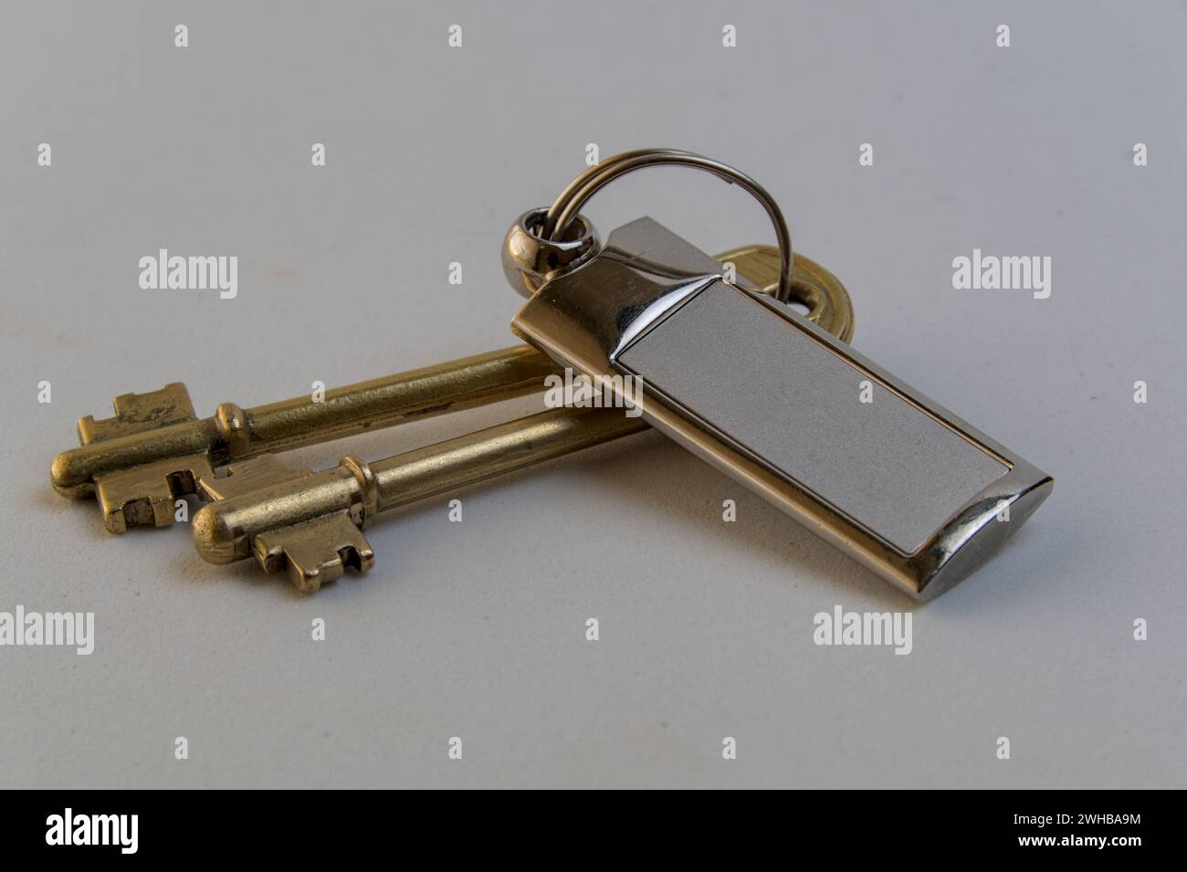 pair of bronze keys on a metal key ring with space to write Stock Photo ...