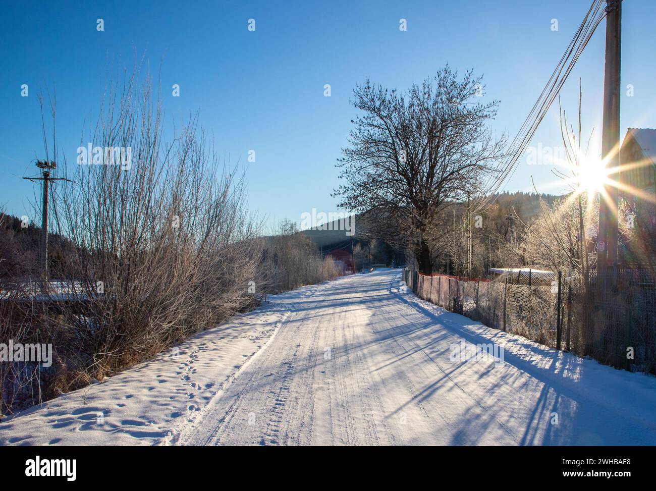 A scenic snowy road leading towards a distant house Stock Photo - Alamy