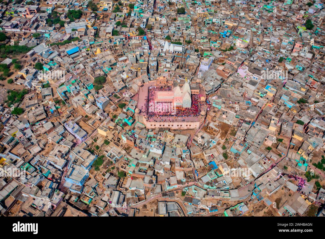 Aerial view of people celebrating the holy colour festival near the ...