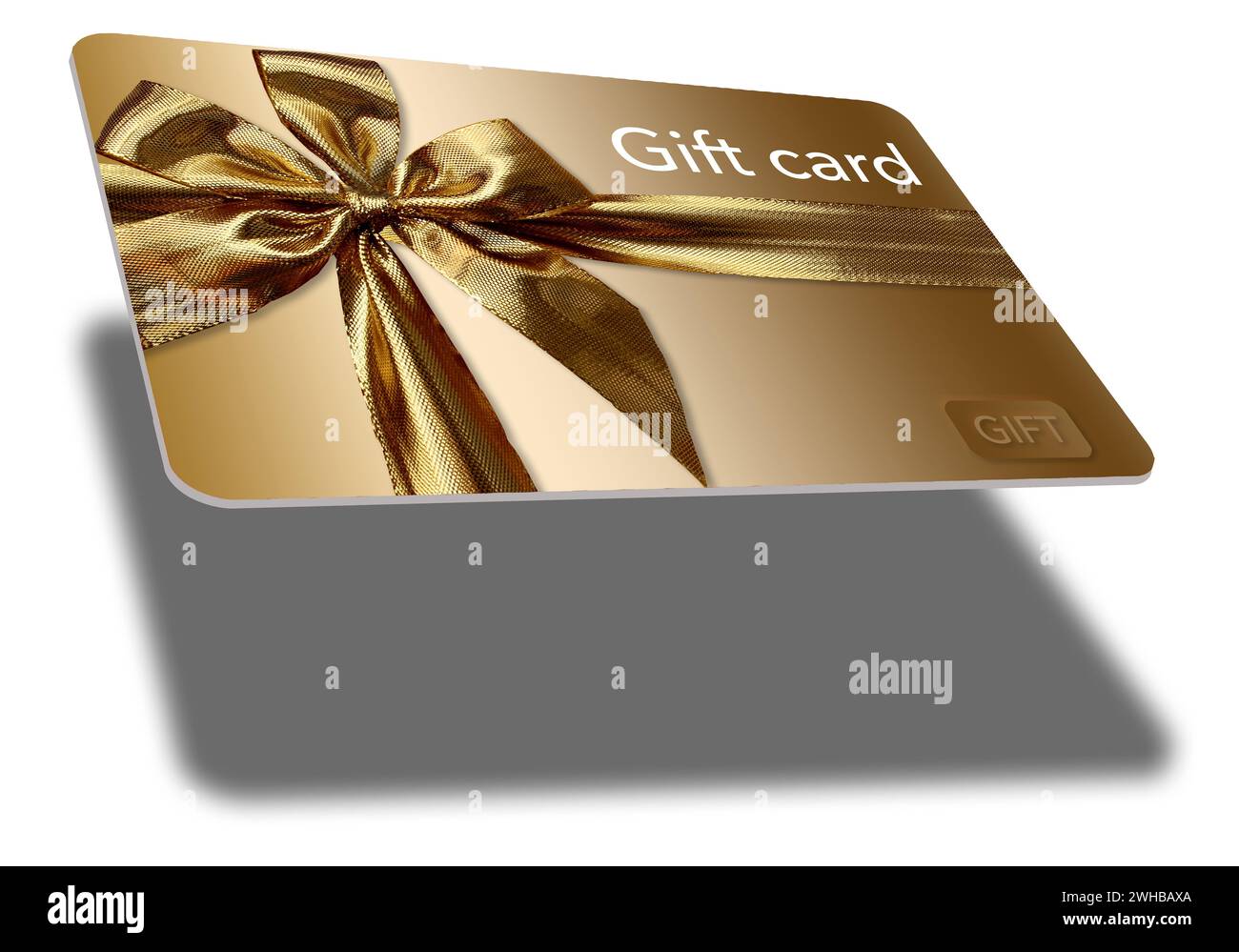 Here is a gold gift card with ribbon and bow in a 3-d illustration ...