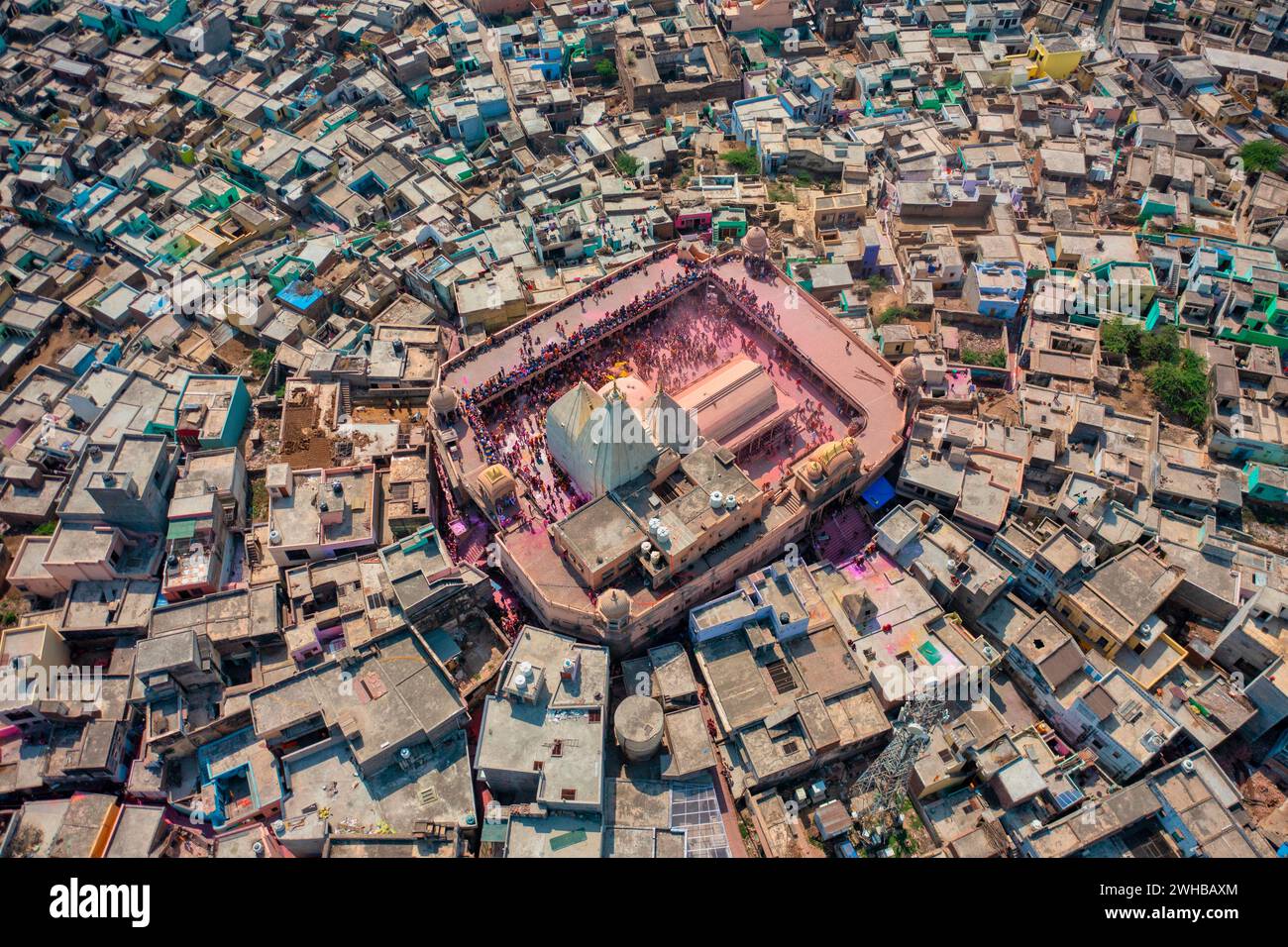Aerial view of people celebrating the holy colour festival near the ...