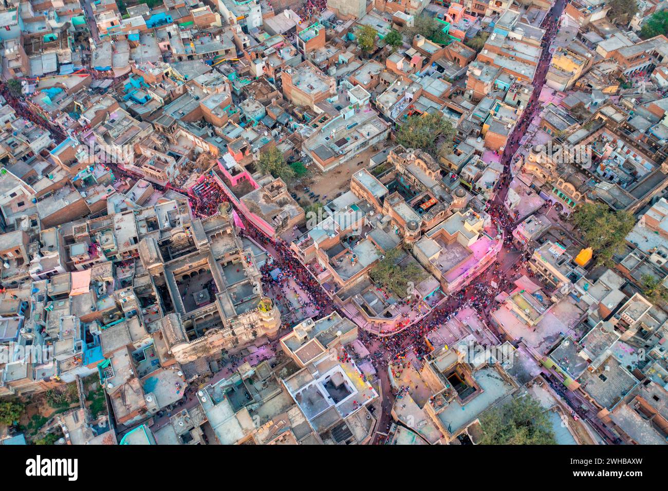 Aerial view of people celebrating the holy colour festival near the ...