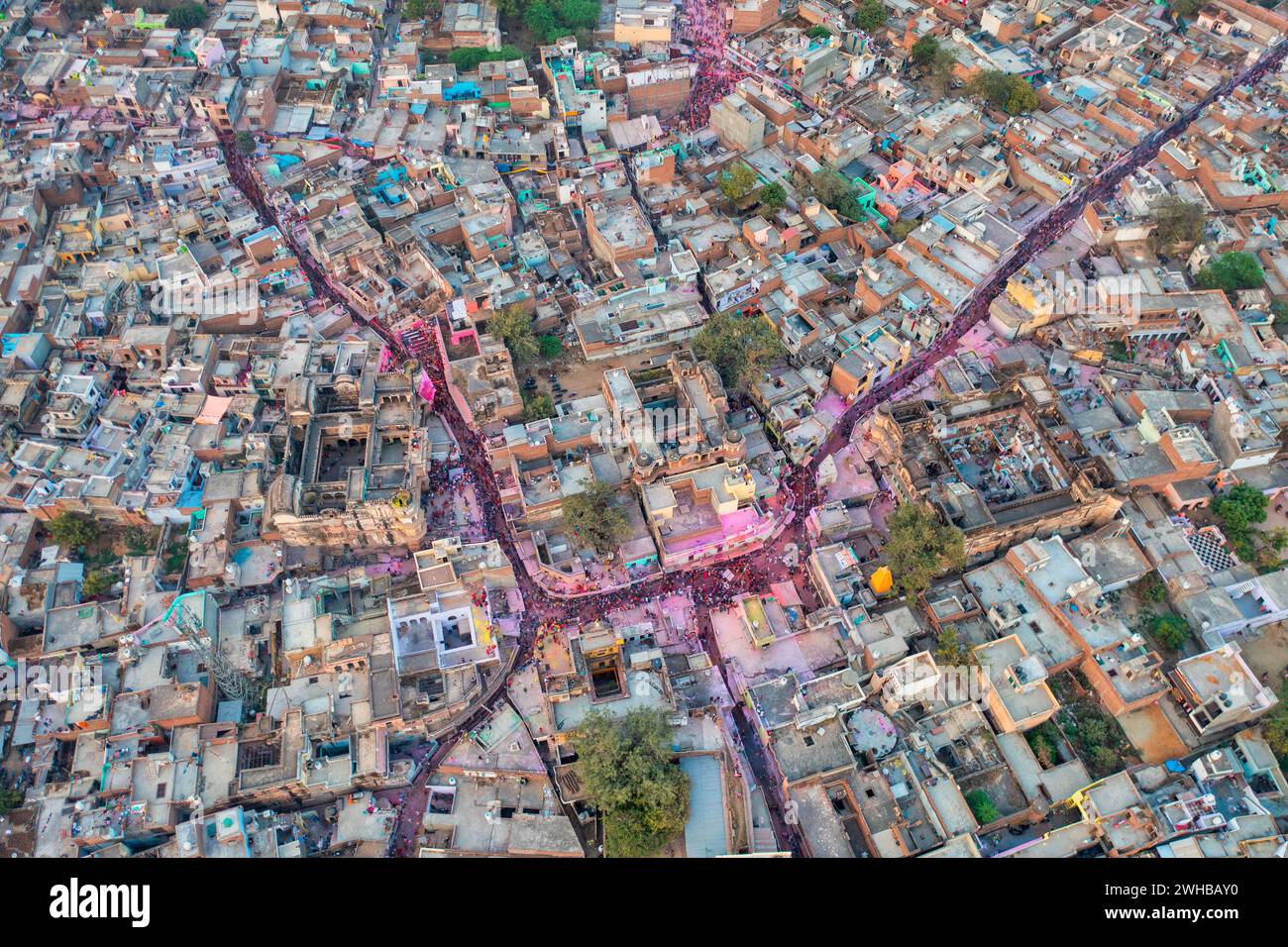 Aerial view of people celebrating the holy colour festival near the ...