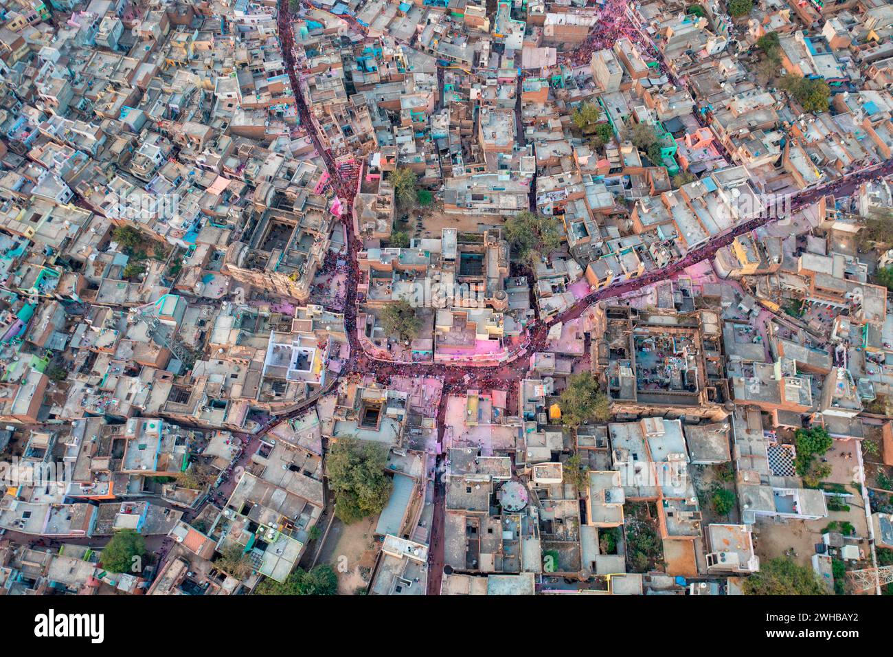 Aerial view of people celebrating the holy colour festival near the ...