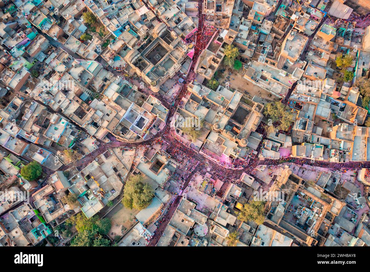 Aerial view of people celebrating the holy colour festival near the ...