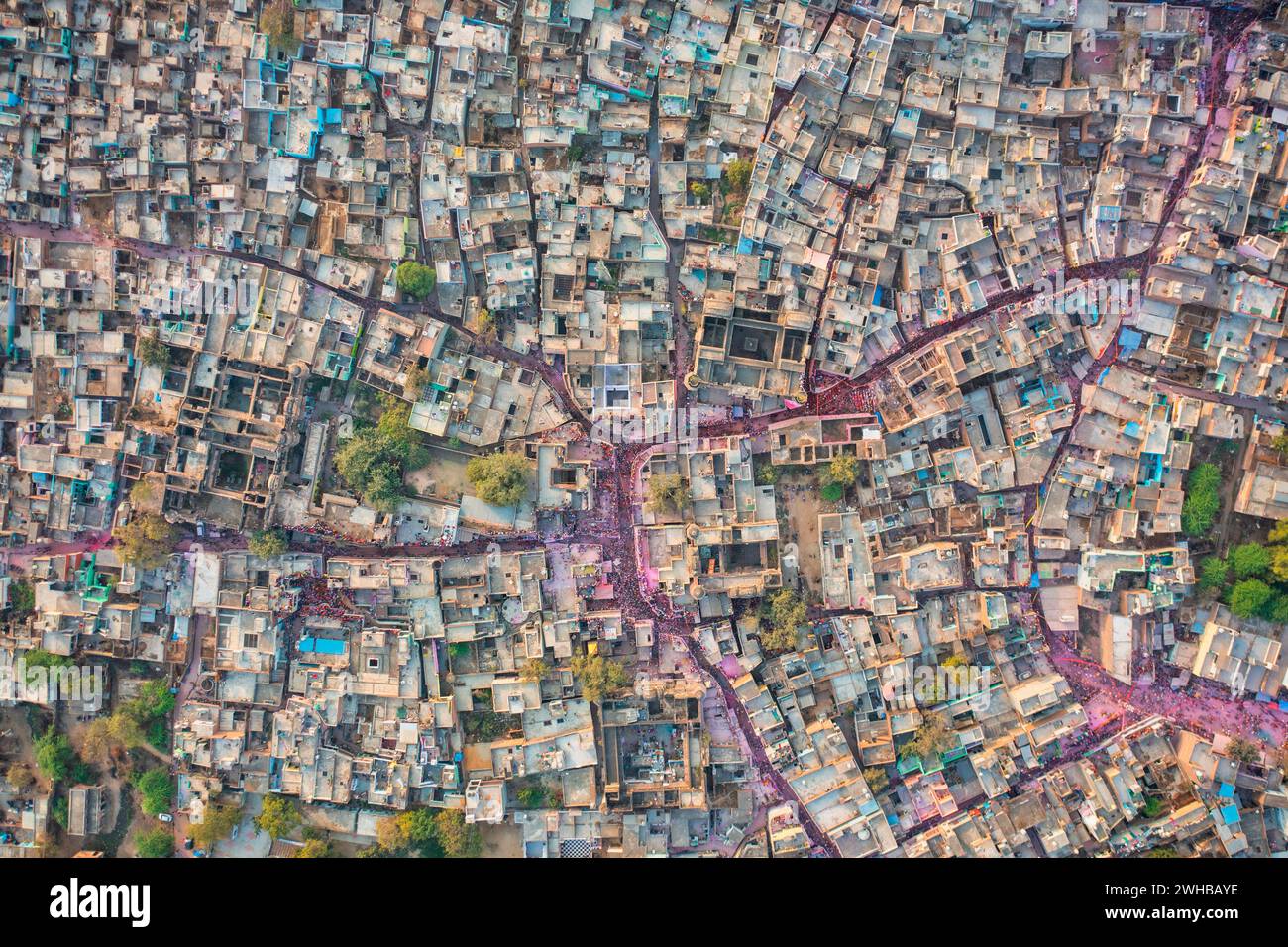 Aerial view of people celebrating the holy colour festival near the ...