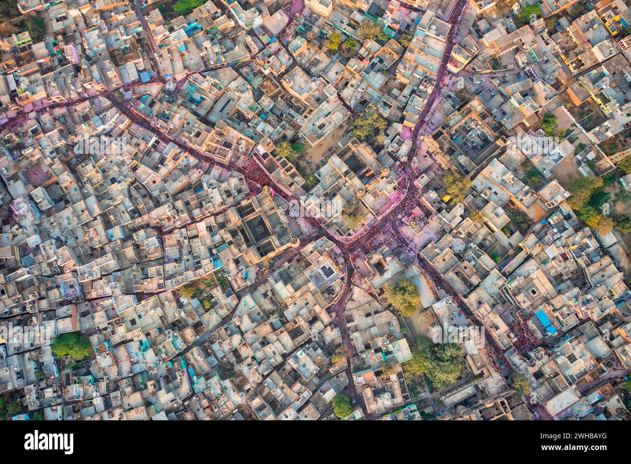 Aerial view of people celebrating the holy colour festival near the ...