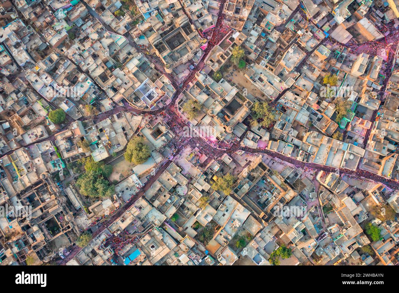 Aerial view of people celebrating the holy colour festival near the ...