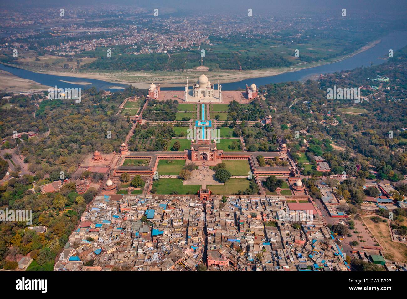Aerial view of the Taj Mahal along Yamuna river, Agra, Uttar Pradesh ...