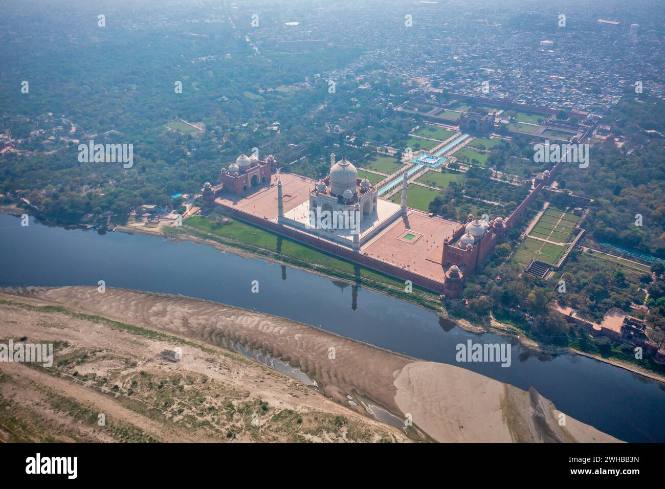 Aerial view of the Taj Mahal along Yamuna river, Agra, Uttar Pradesh ...