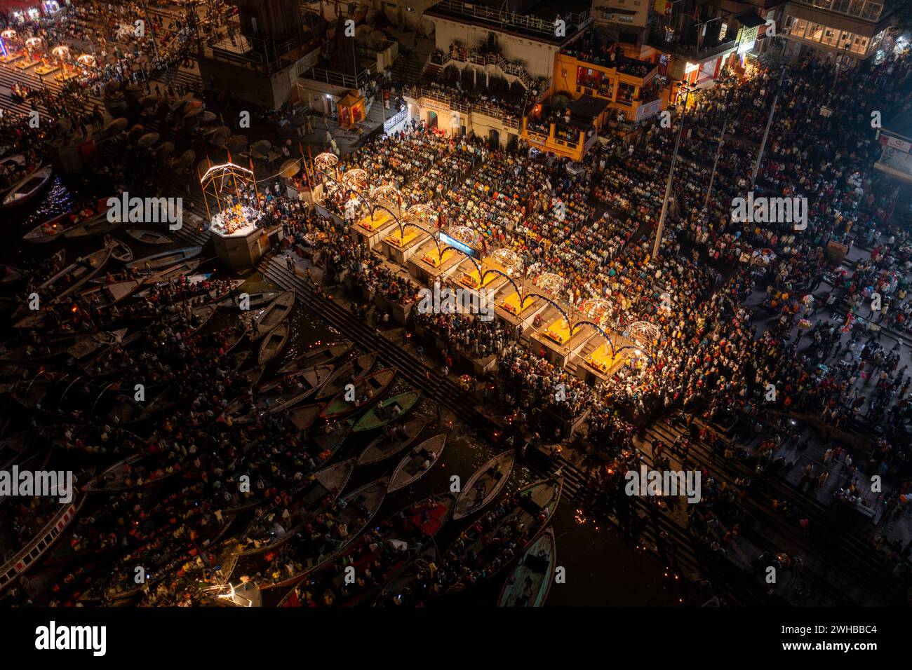 Aerial view of Varanasi, the spiritual capital of India and Ghats in ...
