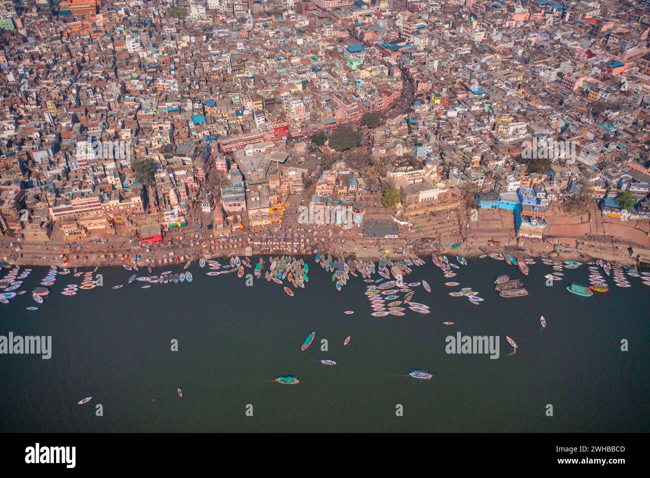 Aerial view of Varanasi, the spiritual capital of India and Ghats in ...