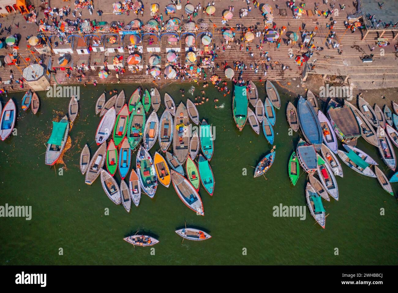 Aerial view of Varanasi, the spiritual capital of India and Ghats in ...