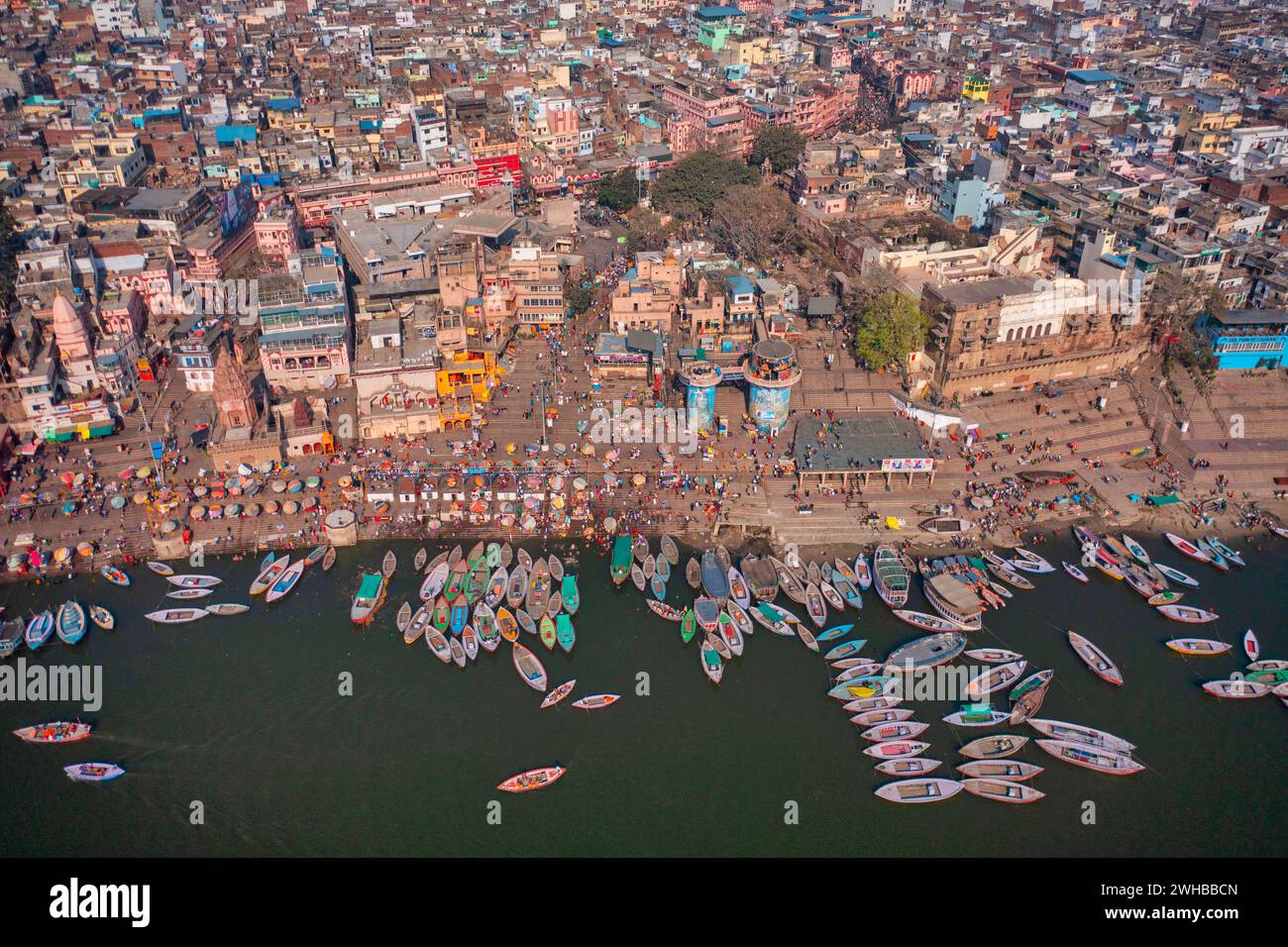 Aerial view of Varanasi, the spiritual capital of India and Ghats in ...