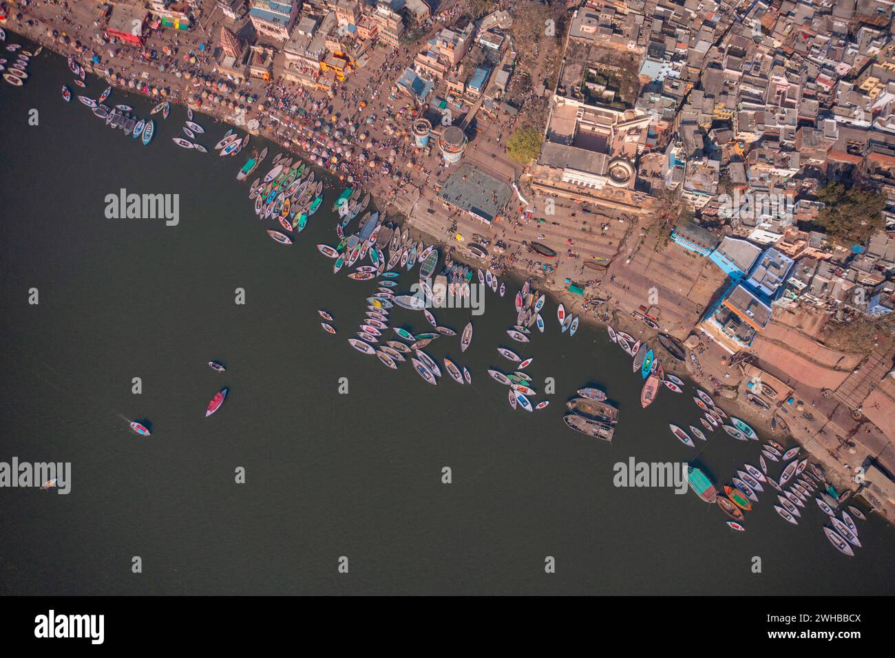Aerial view of Varanasi, the spiritual capital of India and Ghats in ...