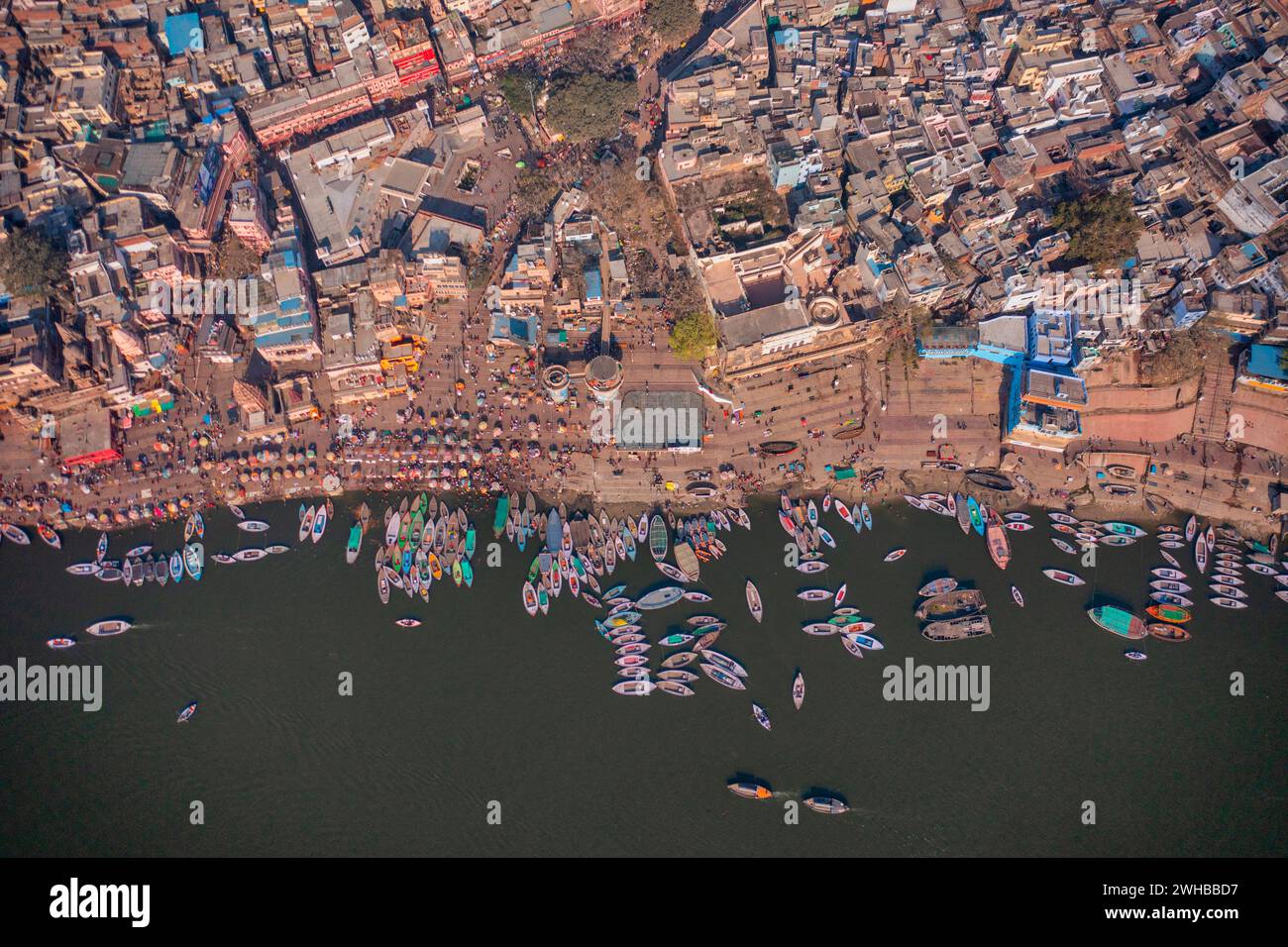 Aerial view of Varanasi, the spiritual capital of India and Ghats in ...
