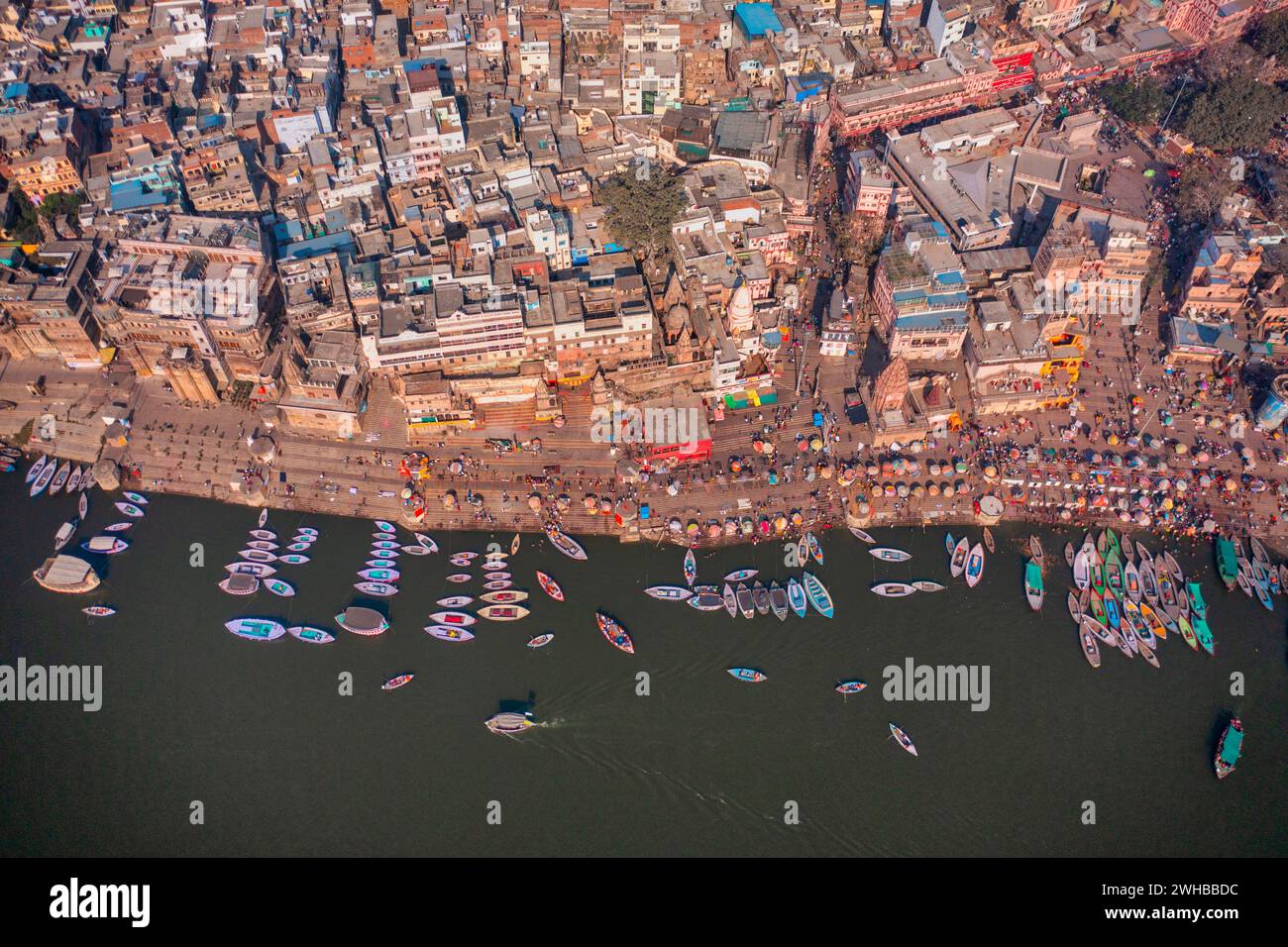 Aerial view of Varanasi, the spiritual capital of India and Ghats in ...