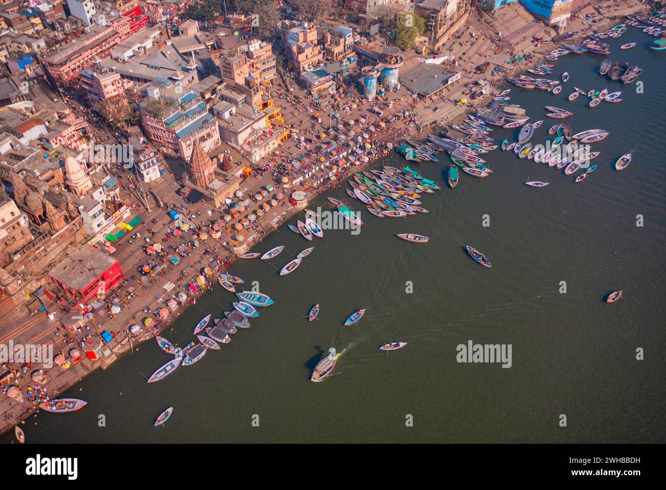 Aerial view of Varanasi, the spiritual capital of India and Ghats in ...