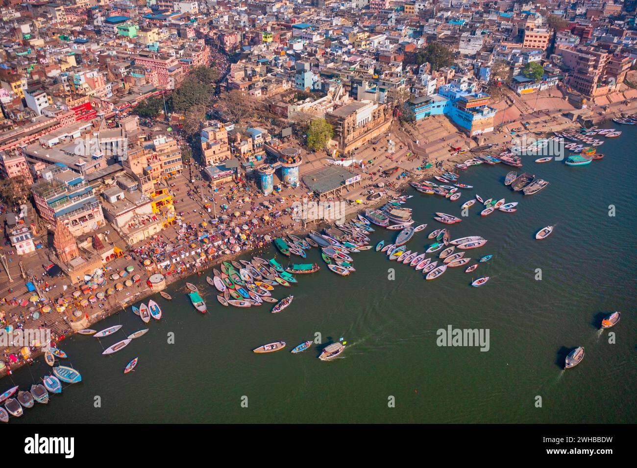 Aerial view of Varanasi, the spiritual capital of India and Ghats in ...
