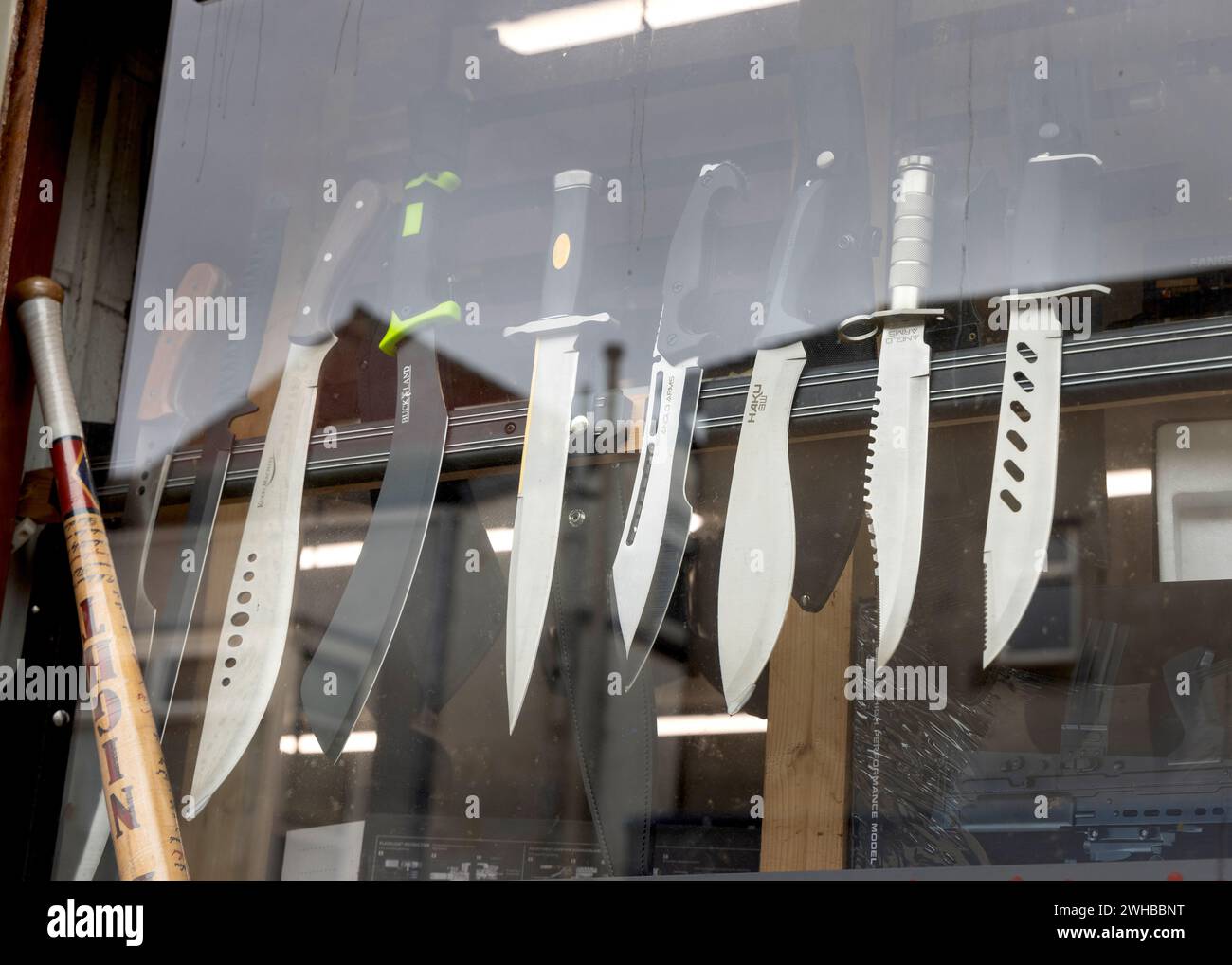 Zombie Knives and machete for sale in a shop window. Blackpool UK Knife ...
