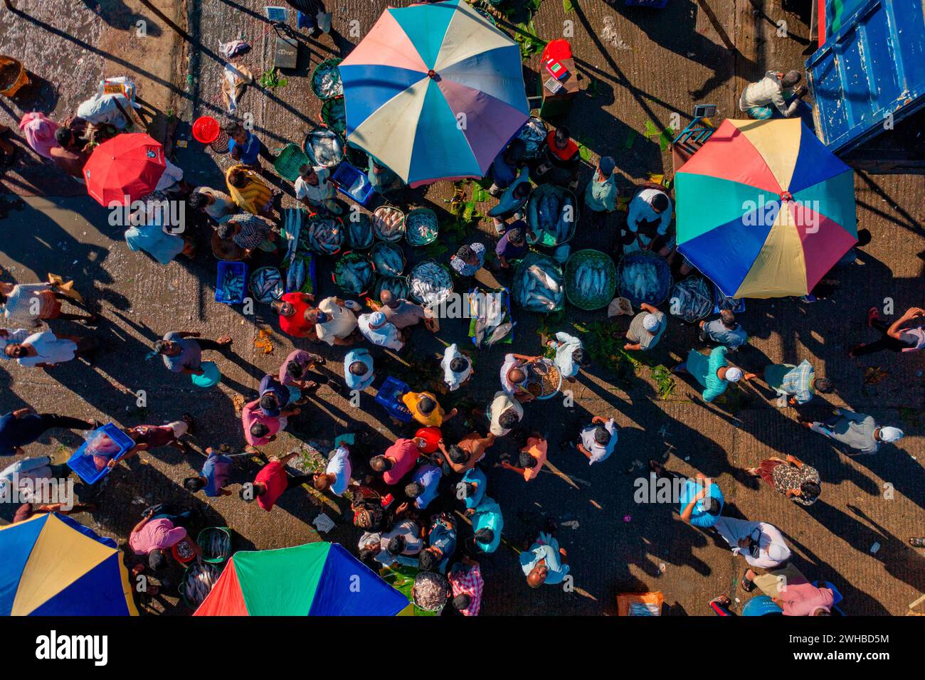 Aerial view of people working and trading at fish market along ...