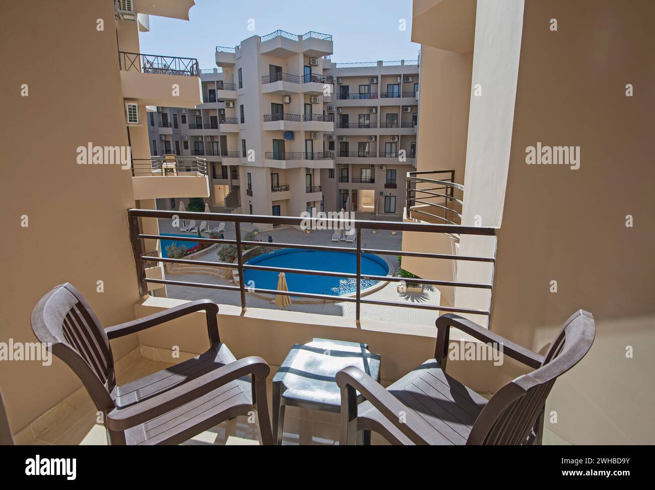 Terrace furniture of a luxury apartment in tropical resort with ...