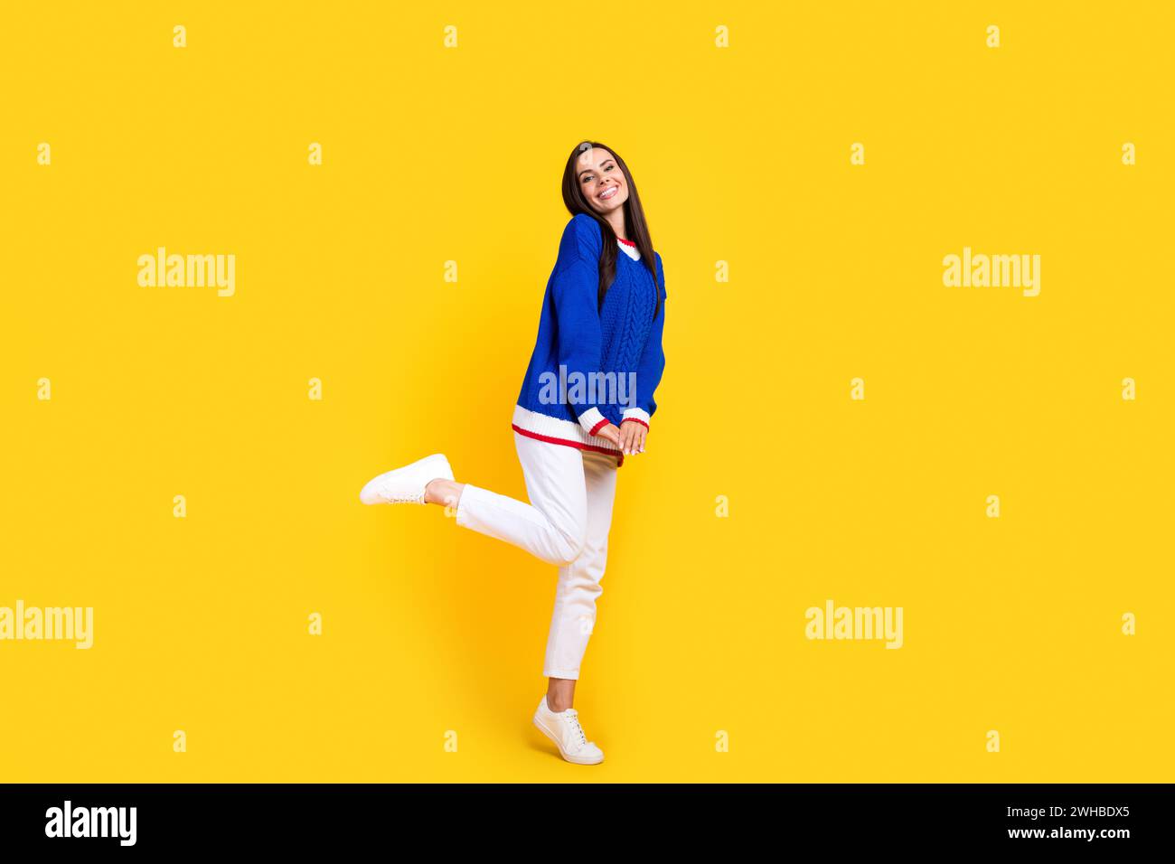 Full body size photo of young brunette hair woman standing modest pose ...