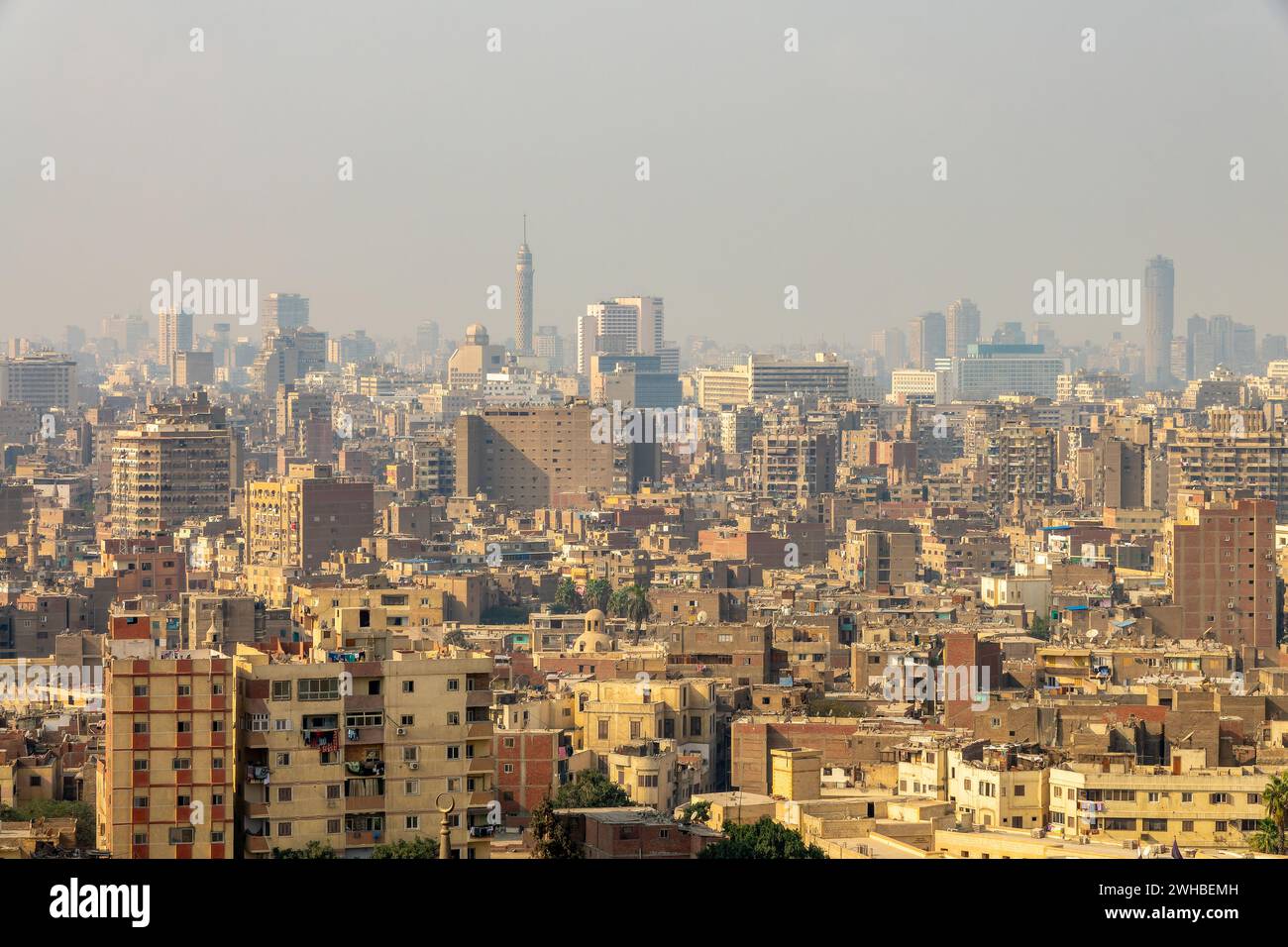 Aerial view of Cairo tower and buildings from Saladin citadel in Cairo ...