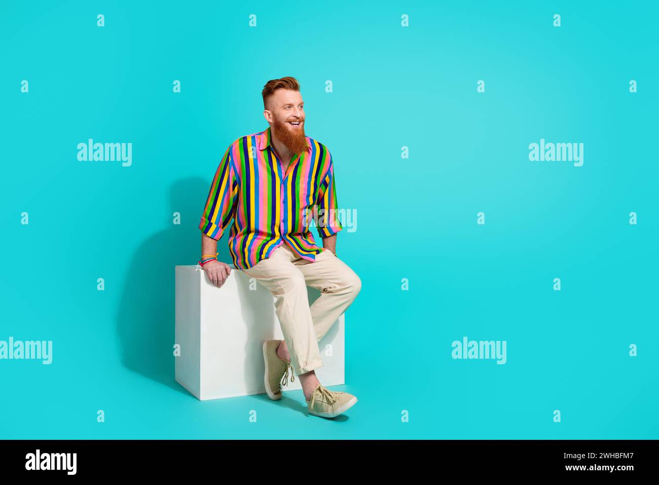 Full body size photo of handsome model irish man sitting on platform ...