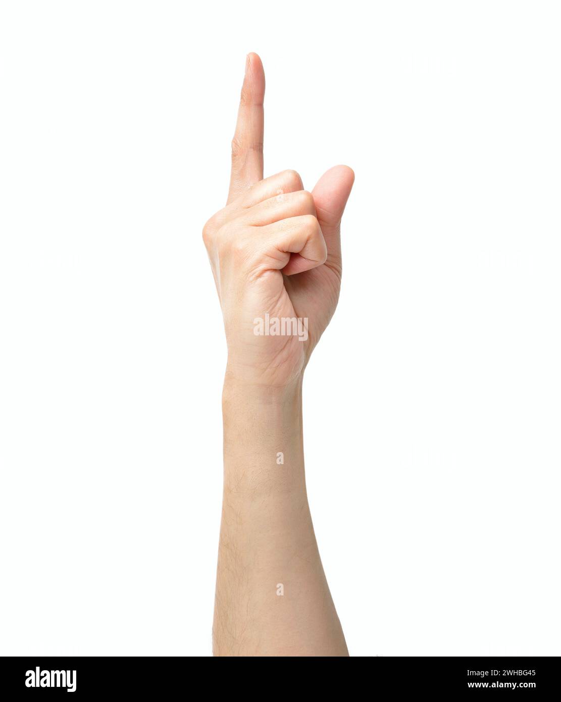 Man hand showing forefinger up and number one sign in a white isolated ...
