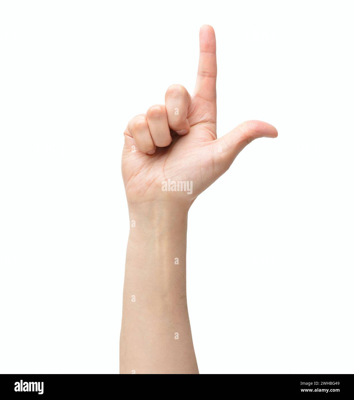 Man hand showing forefinger up and number one sign in a white isolated ...