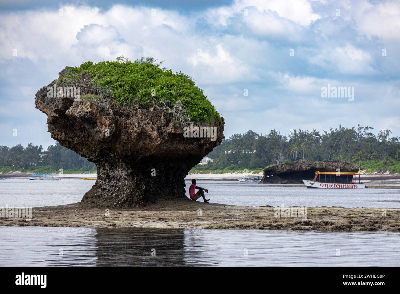 Coral rock formation in Watamu, Kenya Africa. Man leaning on mushroom ...