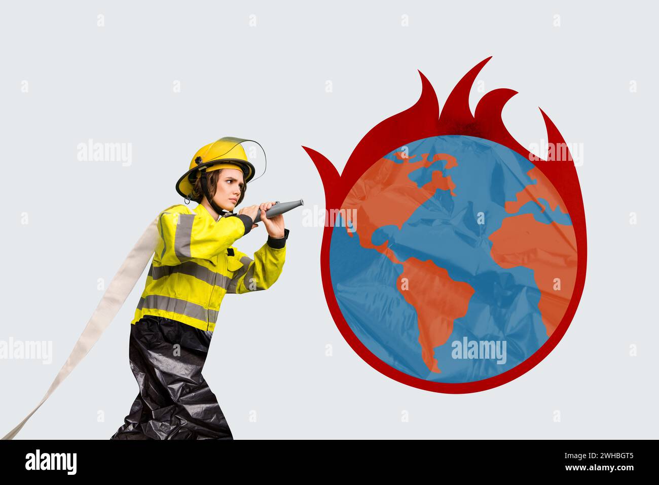 Collage picture illustration firefighter serious angry young woman ...