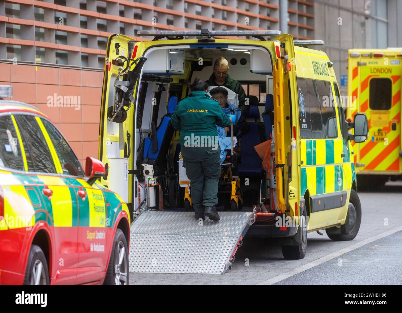 London, UK. 9th Feb, 2024. A line of Ambulances outside the Accident ...