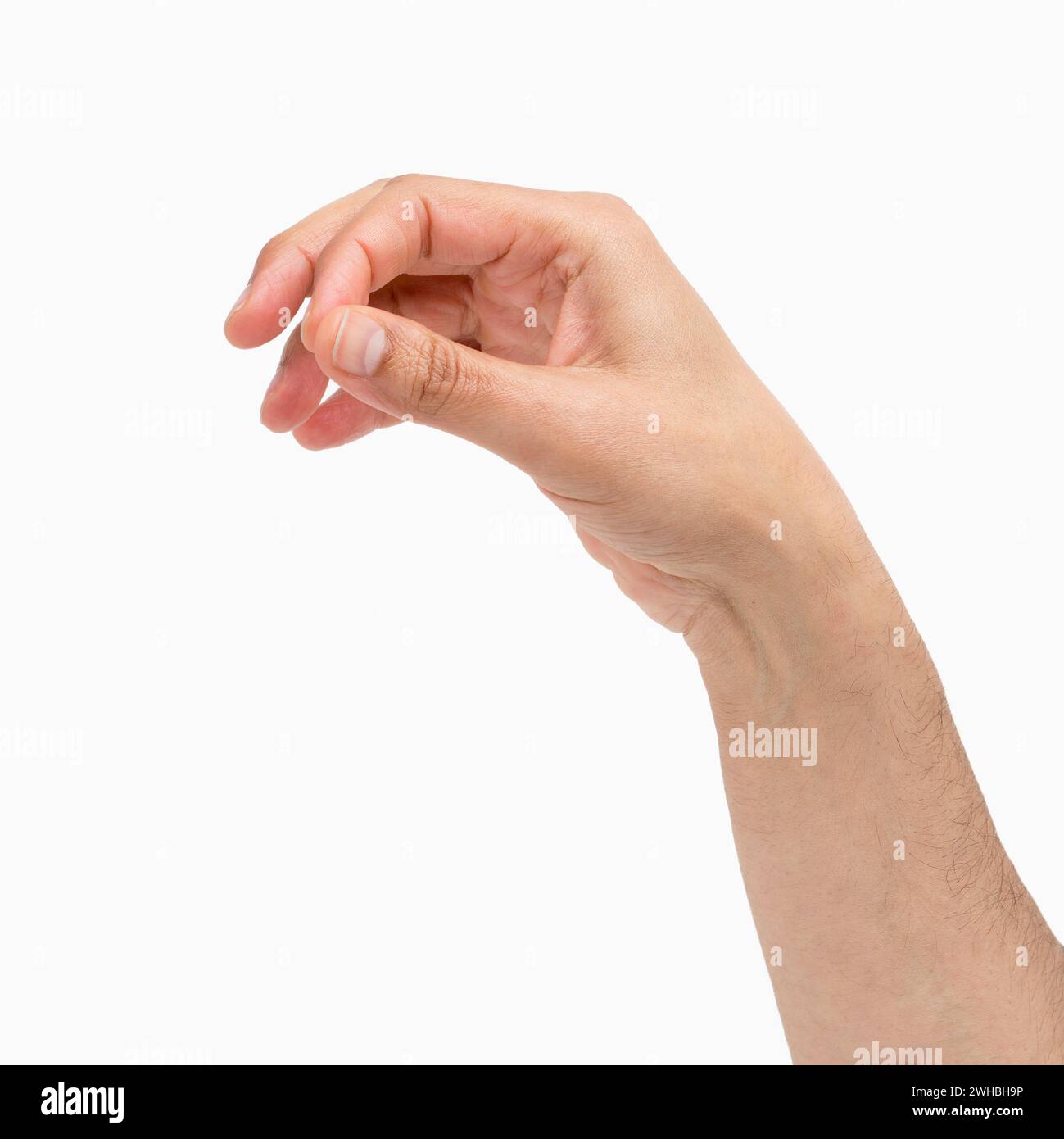 Man hand hanging something blank isolated on a white background Stock ...