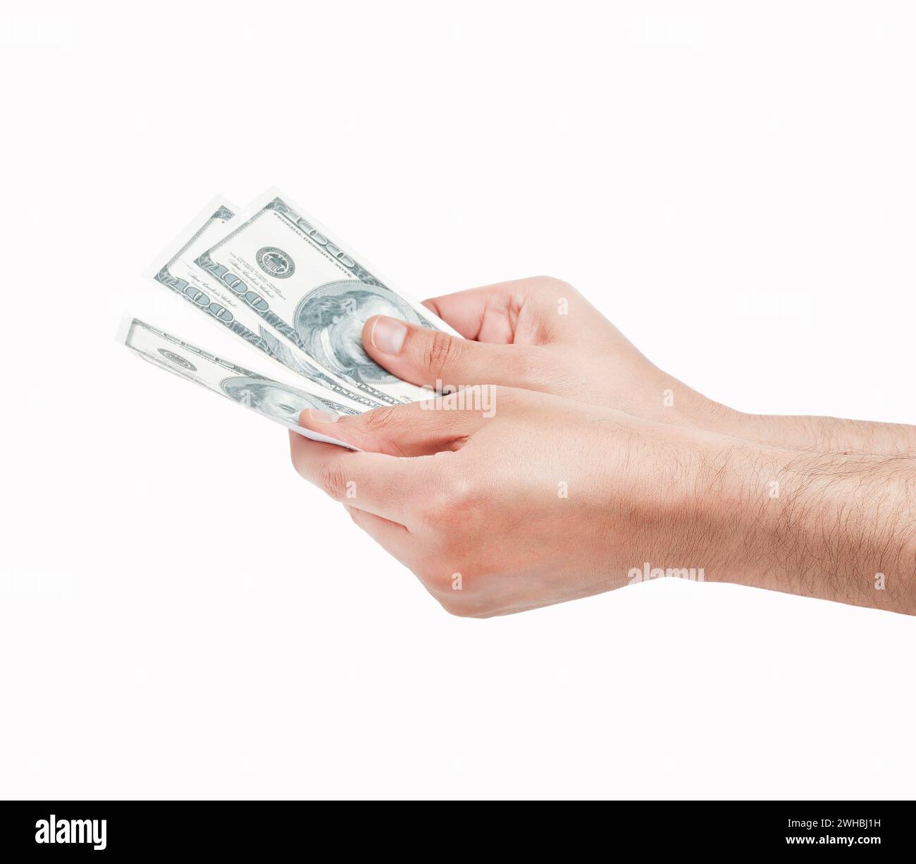 Man hands holding and counting money isolated on a white background ...