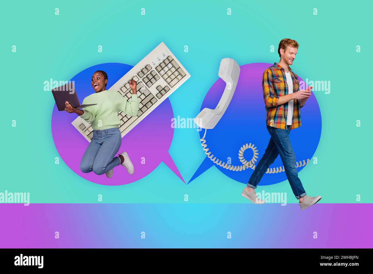 Photo image collage artwork of two young people remote working online ...