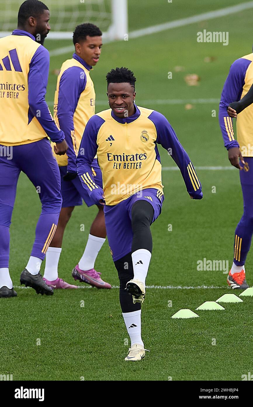 Madrid, Spain. 09th Feb, 2024. Vinicius Junior of Real Madrid warms up ...
