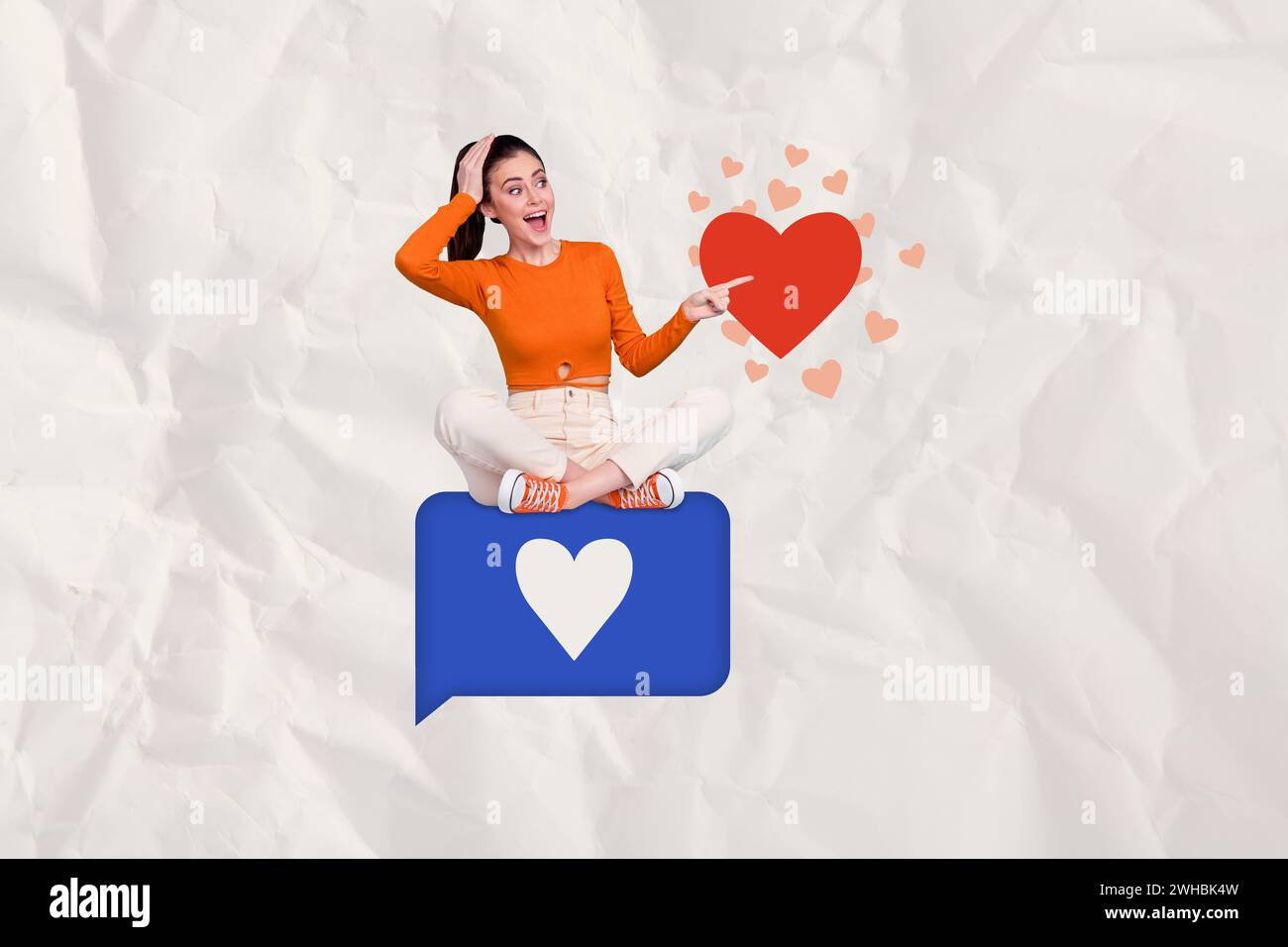 Photo collage picture young happy amazed girl sitting heart ...