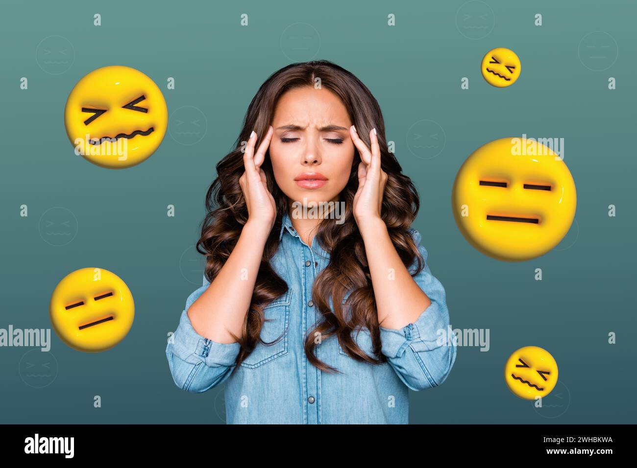 Photo collage picture of sad unhappy girl touching head feeling bed ...