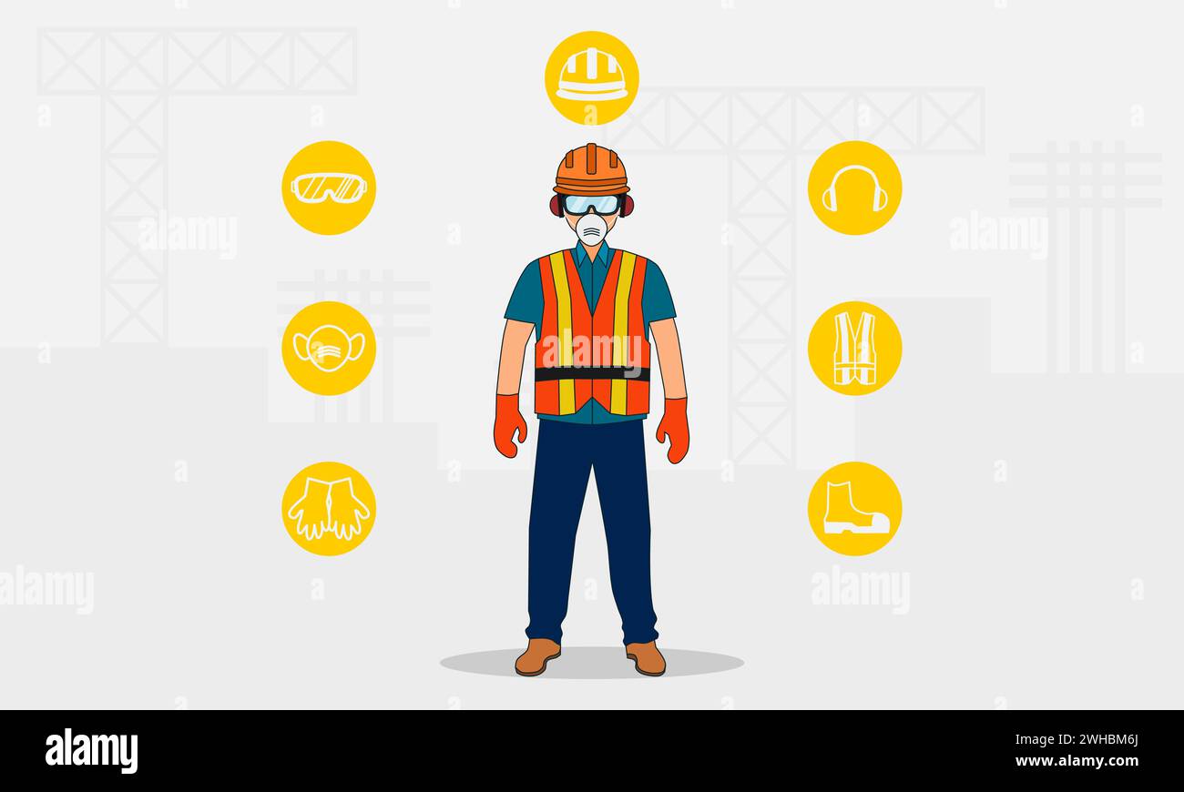 Safety equipment. Worker with personal protective equipment. Vector ...