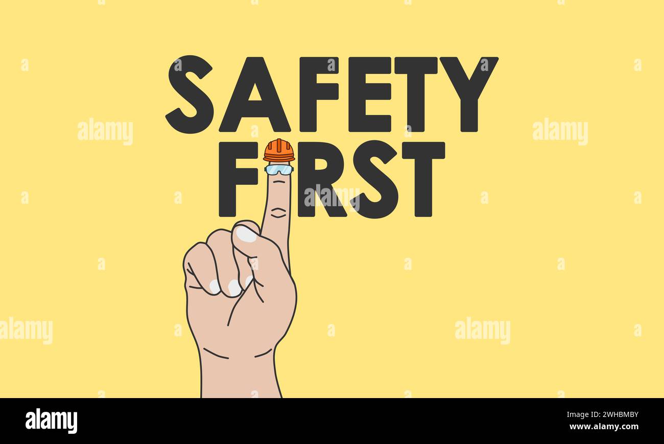 Safety first concept. Right hand with pointing finger and safety helmet ...