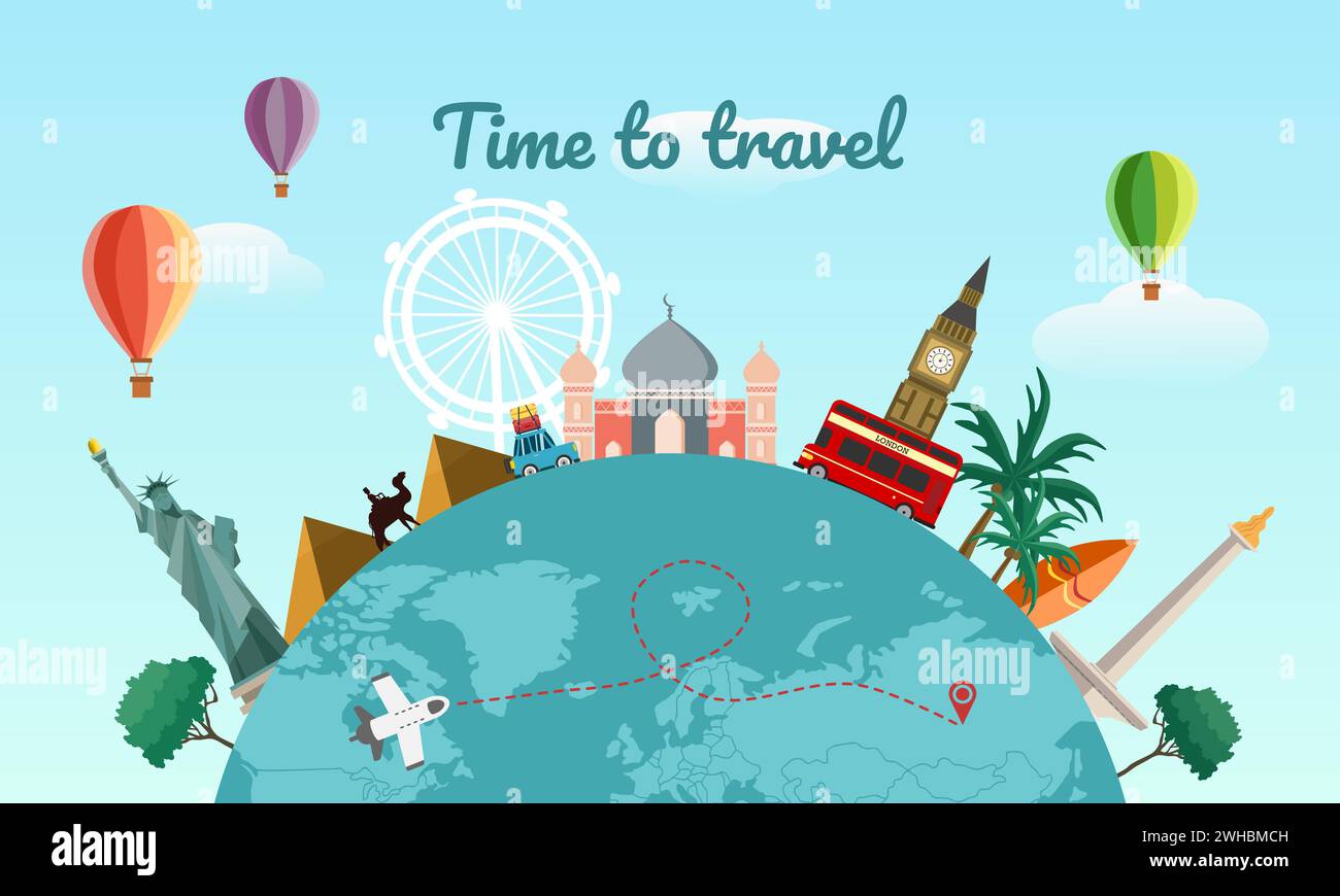 Travel around the world concept with famous world landmarks. Vector ...