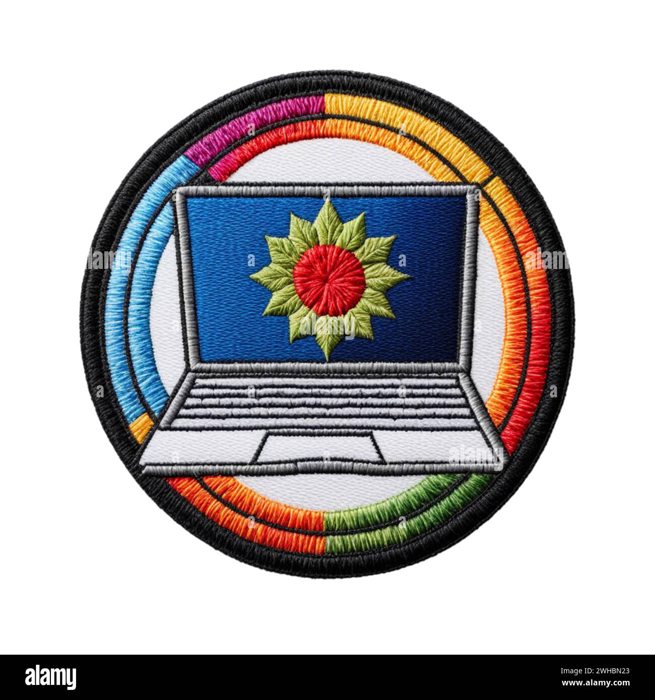 embroidered patch badge with laptop logo on an isolated transparent ...
