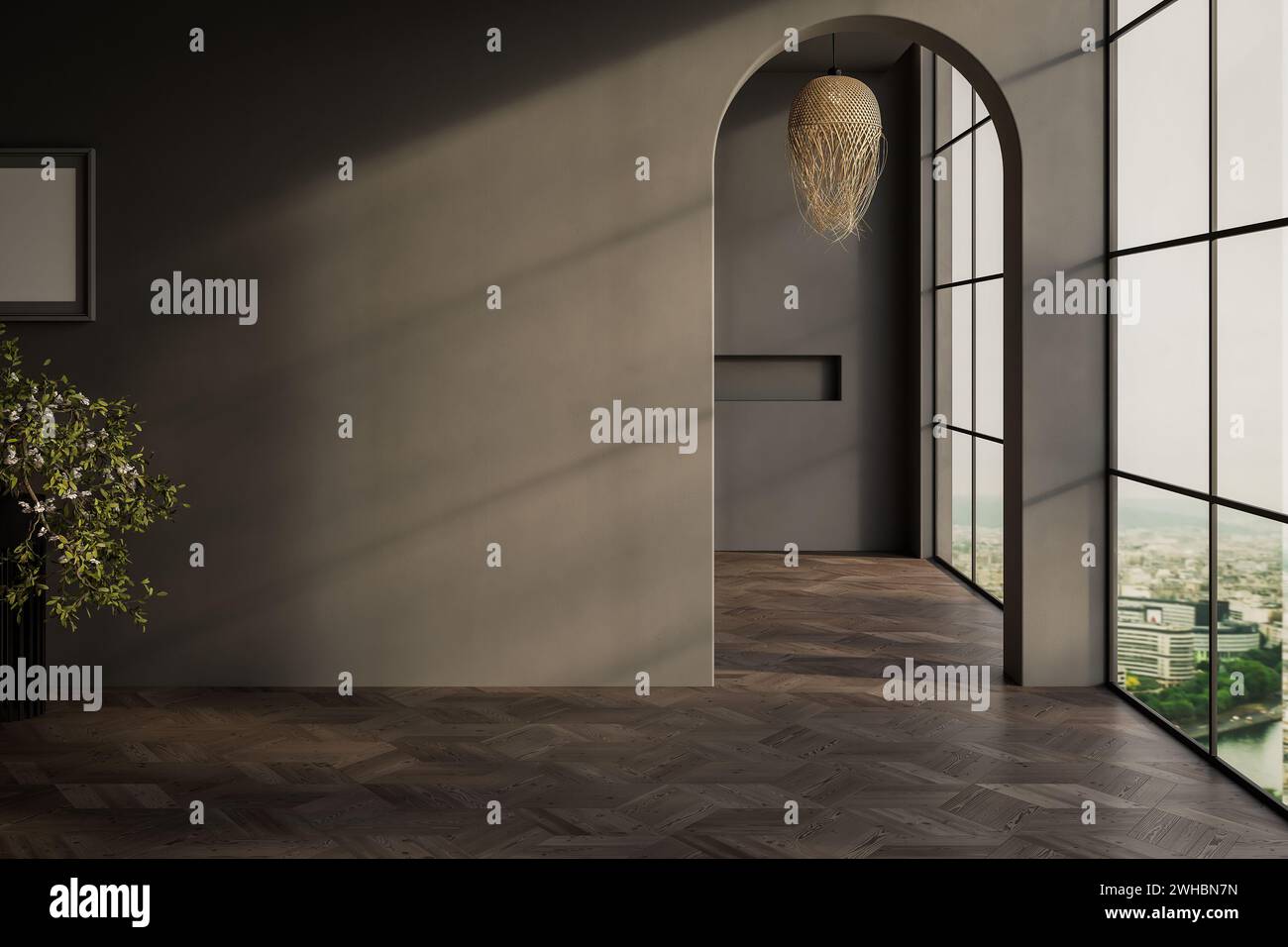 Empty dark room interior with dark parquet floor Stock Photo - Alamy